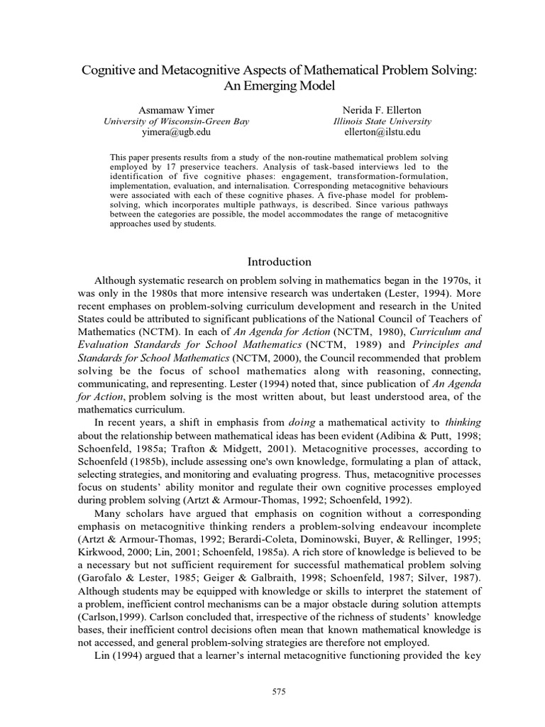 Cognitive and Metacognitive Aspects of Mathematical Problem Solving: An Emerging Model | PDF ...