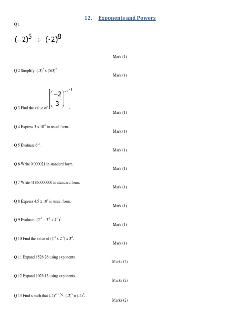 CBSE Class 8 Mathematics Worksheet - Exponents and Powers | PDF ...