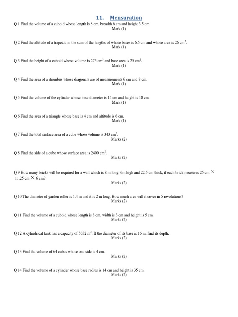 CBSE Class 8 Mathematics Worksheet - Mensuration | PDF | Area | Volume CBSE Class 8 Mathematics Worksheet - Mensuration | PDF | Area | Volume