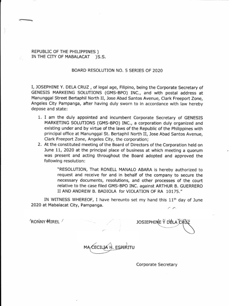 Sample Board Reso and Secretary Certificate PDF | PDF | Social ...