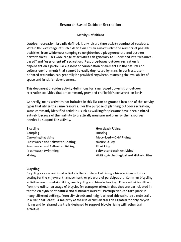 Defining Resource-Based Outdoor Recreation Activities: A Classification ...