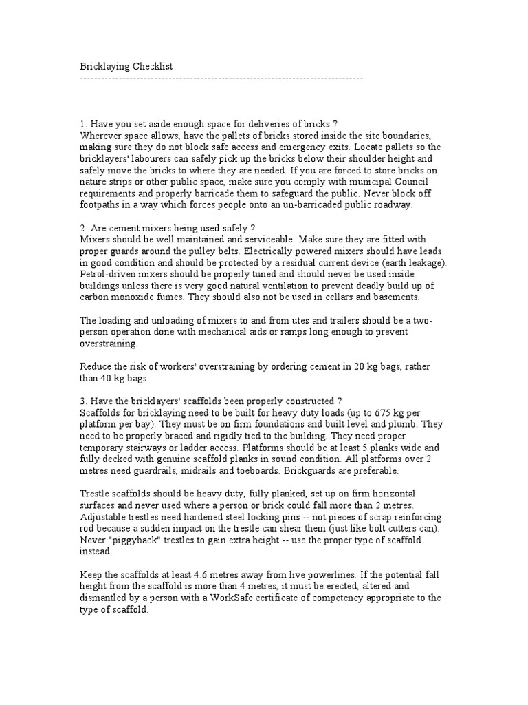 Bricklaying Checklist | PDF | Scaffolding | Ultraviolet