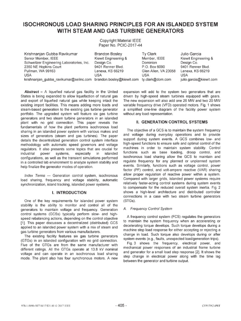 Isochronous Load Sharing Principles For An Islanded System With Steam and Gas Turbine Generators ...