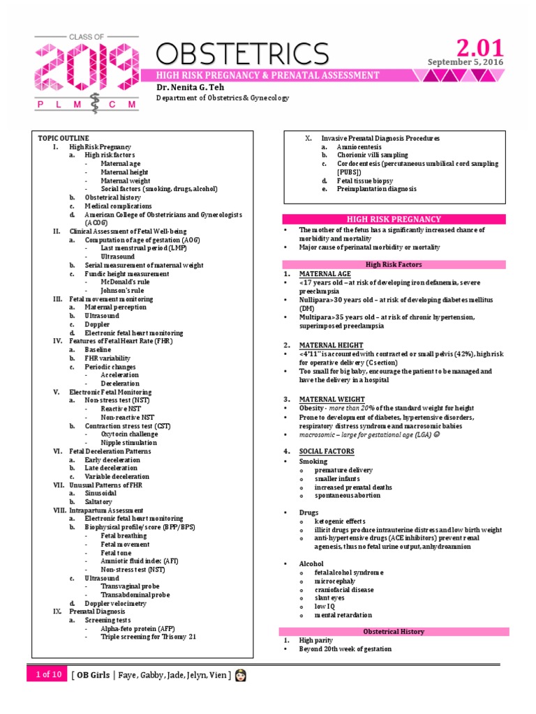 OB 2.01 High Risk Pregnancy - Prenatal Assessment PDF | PDF | Fetus ...