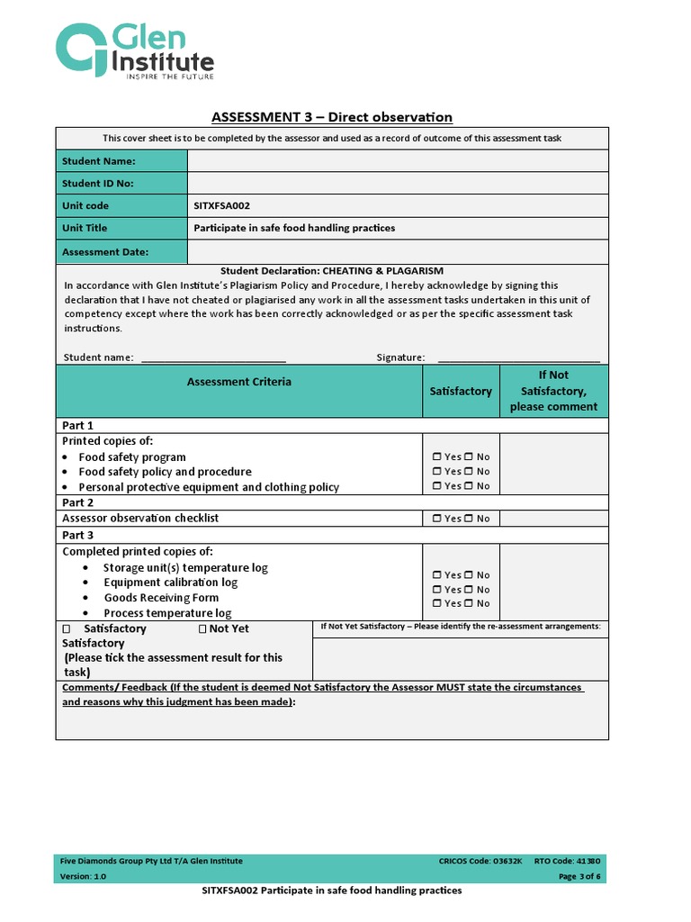 Safe Food Handling Assessment Record | PDF | Educational Assessment ...