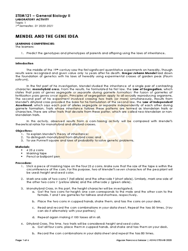 Lab Activity No. 1 Mendel and The Gene Idea | PDF | Genotype | Organisms