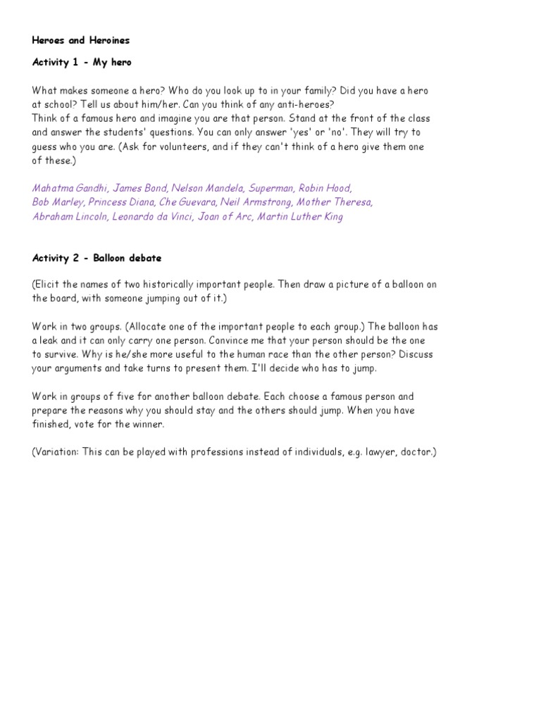Exploring Heroes and Heroines Activities | PDF