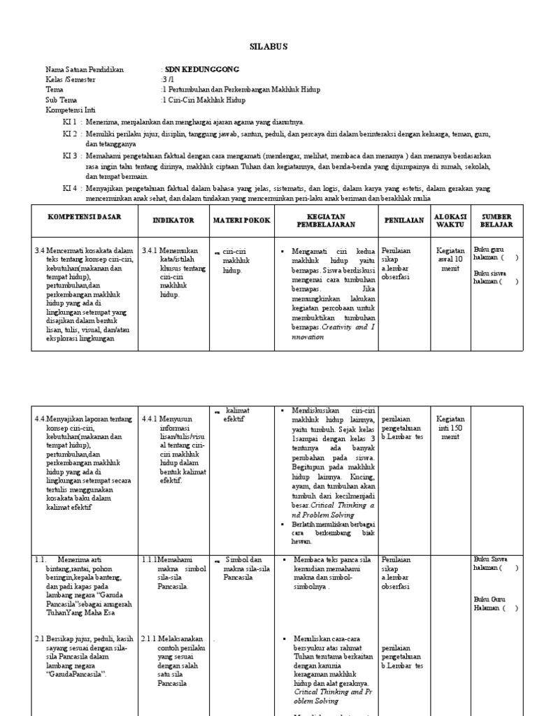 SILABUS Kelas 3 Tema 1 PB 2 | PDF