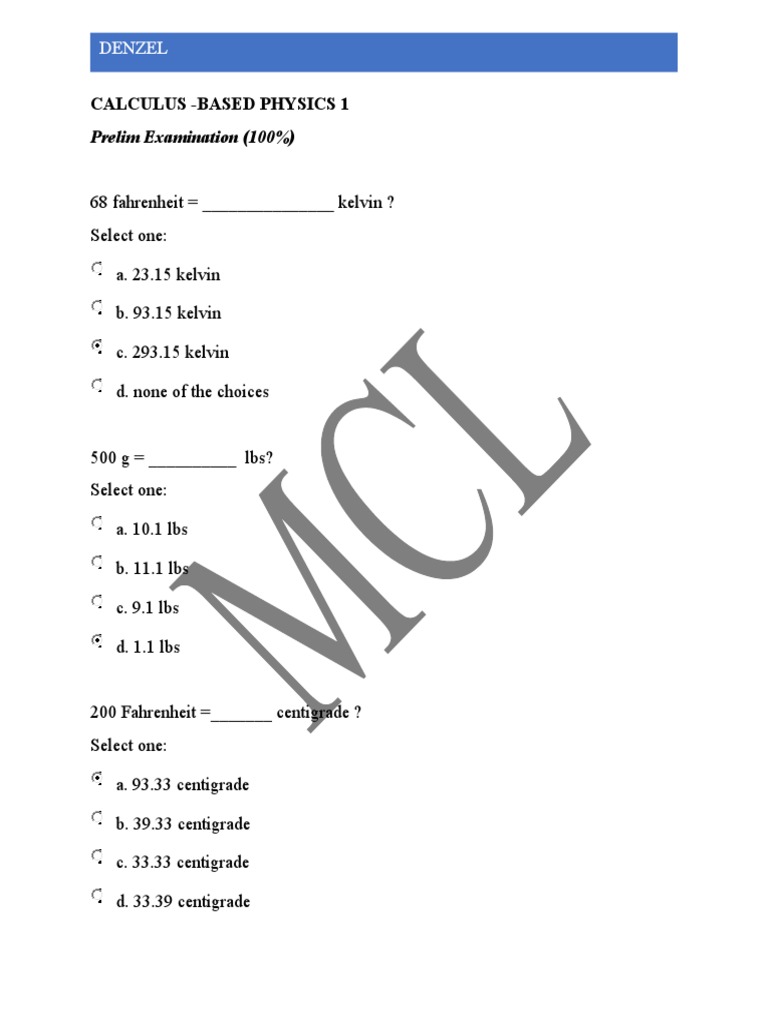 Prelim Examination (100%) : Calculus - Based Physics 1 | PDF ...