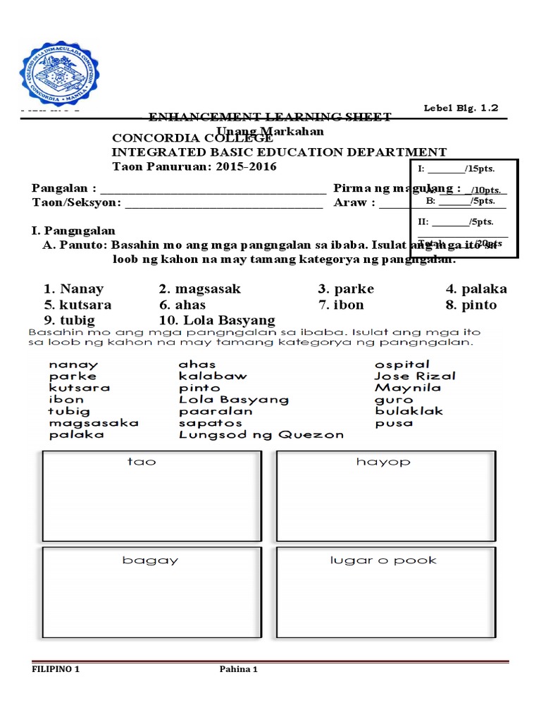 ENHANCEMENT LEARNING SHEET Grade 1 Unang Markahan | PDF