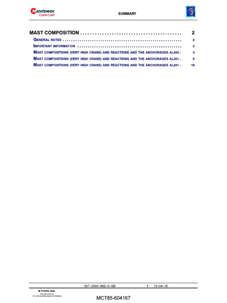 POTAIN MCT 85 Tower Crane - Mast Composition & Reactions | PDF