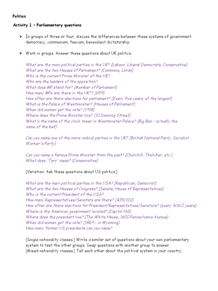 Politics Activity 1 - Parliamentary Questions | Download Free PDF ...