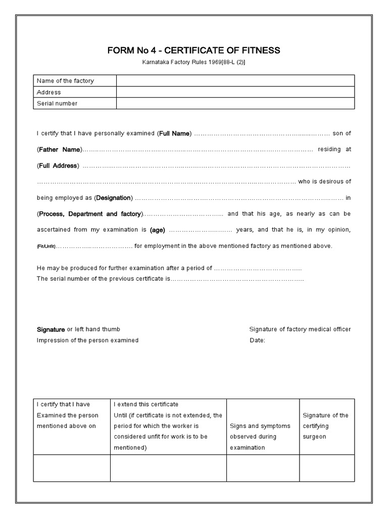 Form - 4 Certificate of Fitness | PDF