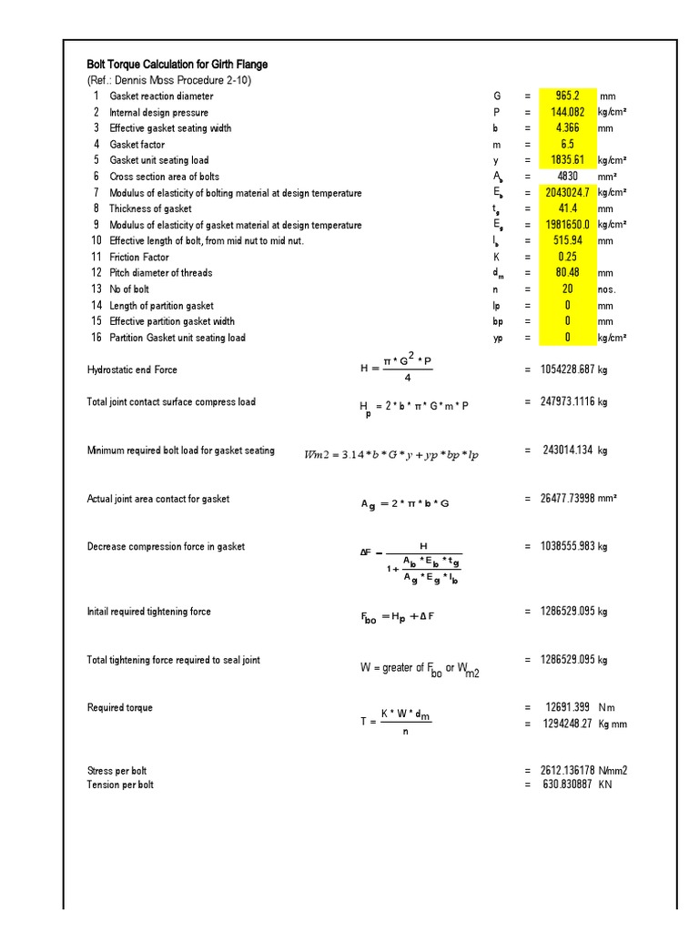 Bolt Torque Calculation For Girth Flange (Ref.: Dennis Moss Procedure 2 ...