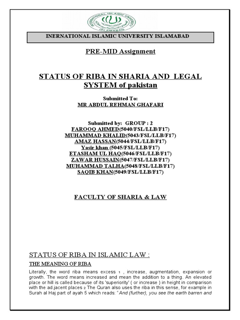 Status of Ribah in Islamic and Legal System of Pakistan | PDF | Sharia ...