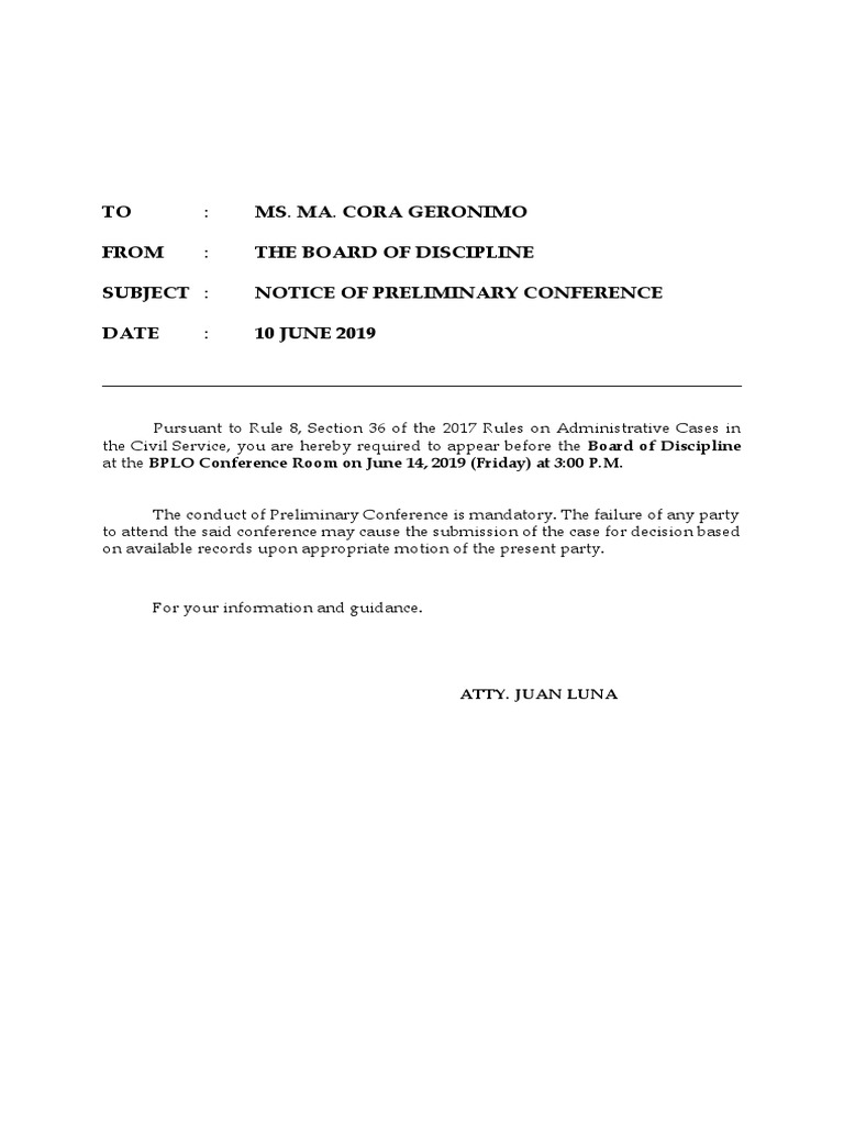 Notce of Preliminary Conference RRACS - SAMPLE | PDF