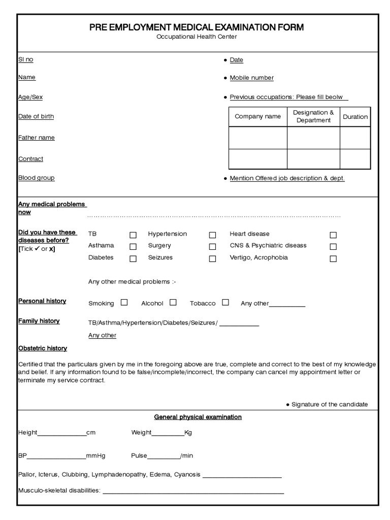 Pre-Employment Medical Examination Form | PDF | Physical Examination ... Pre-Employment Medical Examination Form | PDF | Physical Examination ...