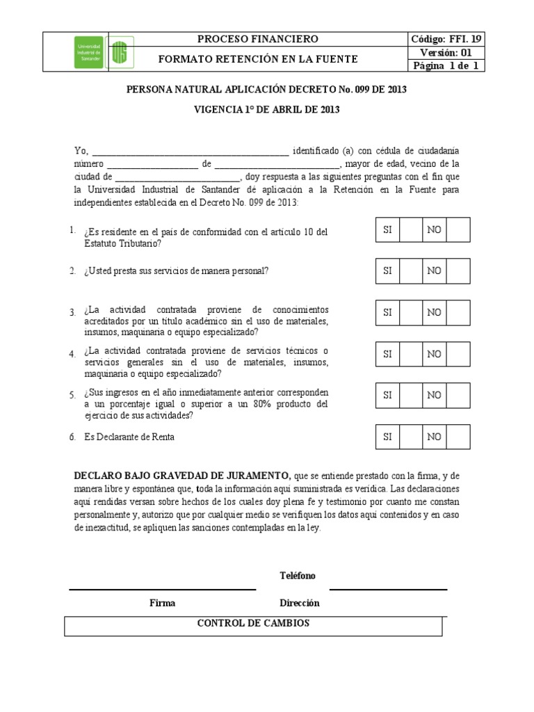 Formato Retencion en La Fuente Persona Natural V1 FFI.19 | PDF ...