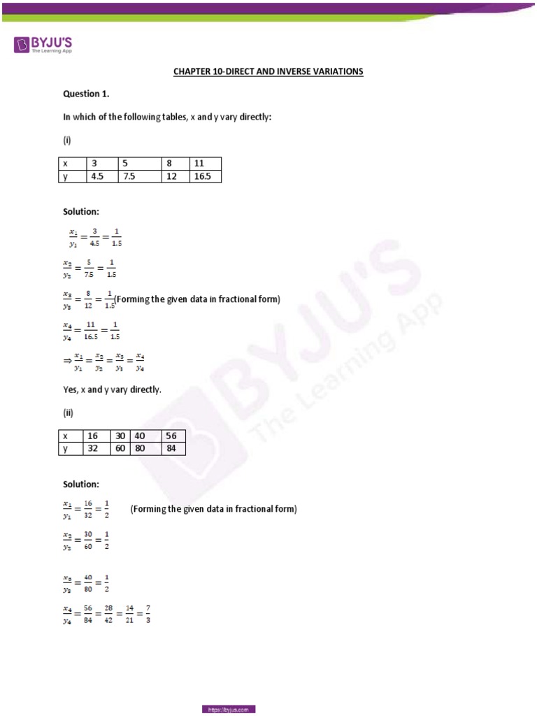 Class-8 Mathematics Chapter 10 15-Qs Direct-and-Inverse-Variations | PDF | Speed | Weight