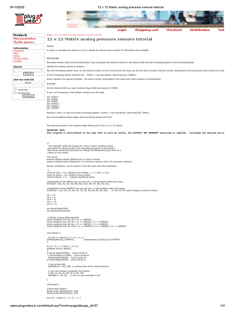 12 X 12 Matrix Analog Pressure Sensors Tutorial | PDF | Arduino ...