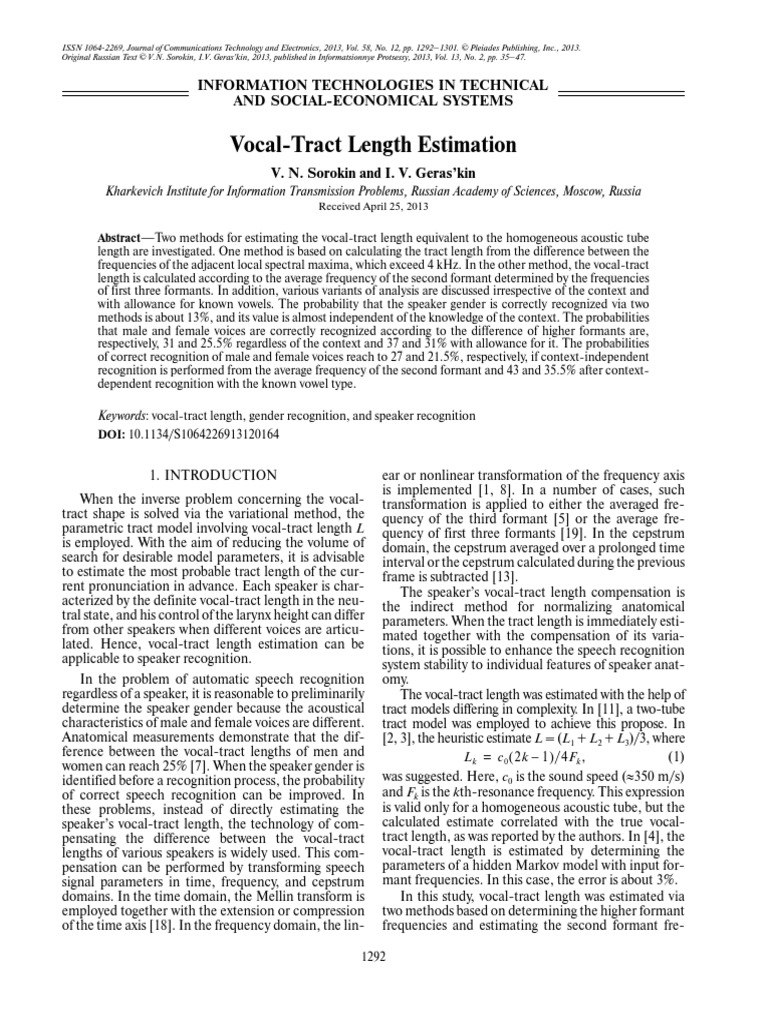 Vocal Tract Length Estimation Victor Sorokin 2013 Pdf Vowel Filter Signal Processing