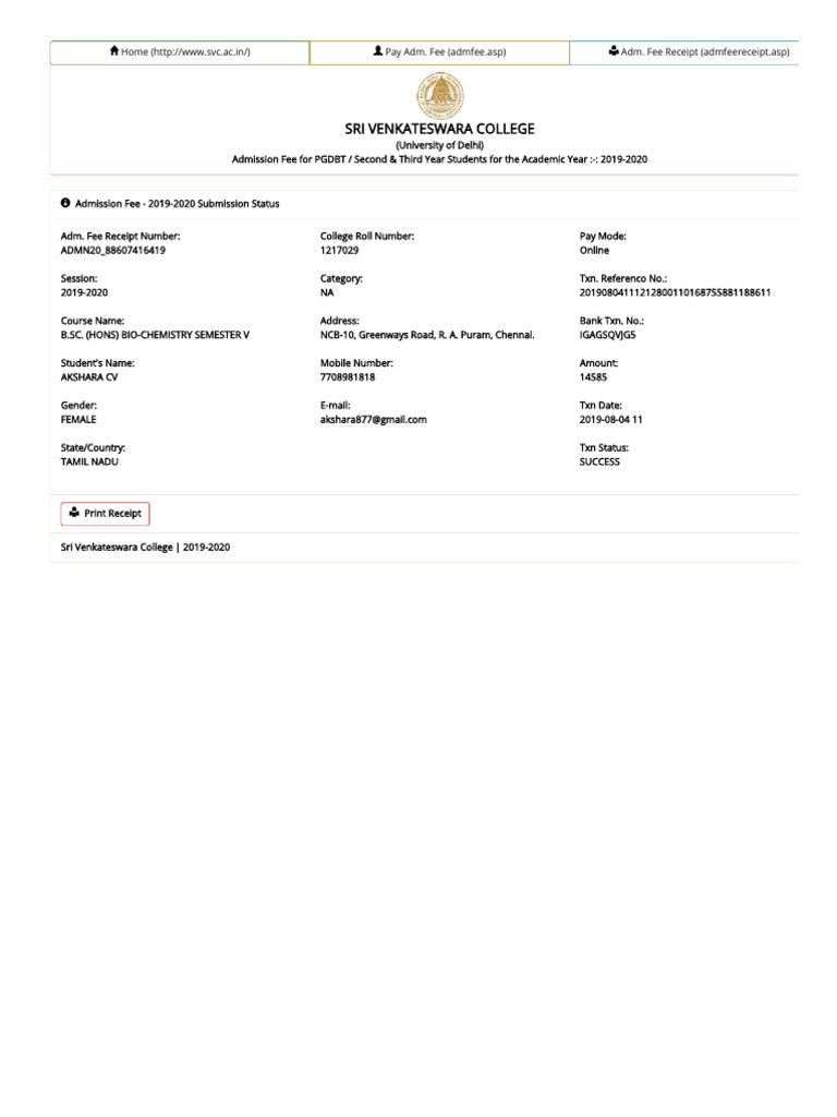 Admission Fee Receipt 2019 PDF | PDF