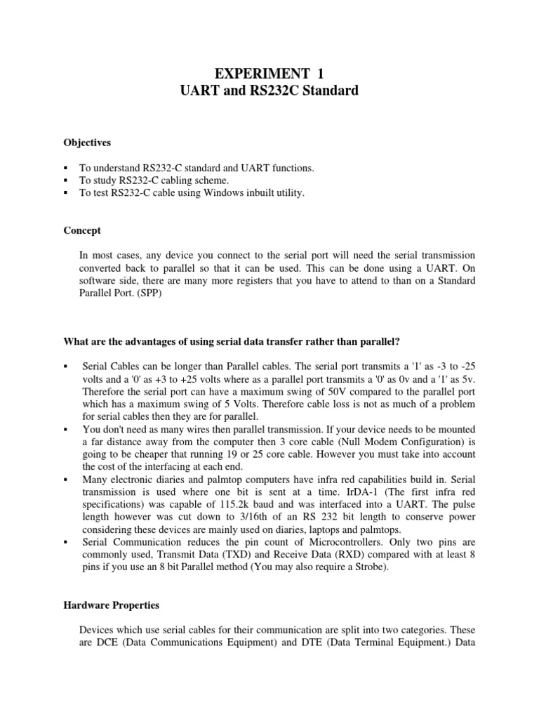 Experiment 1 UART and RS232C Standard: Objectives | PDF | Computer Architecture | Telecommunications