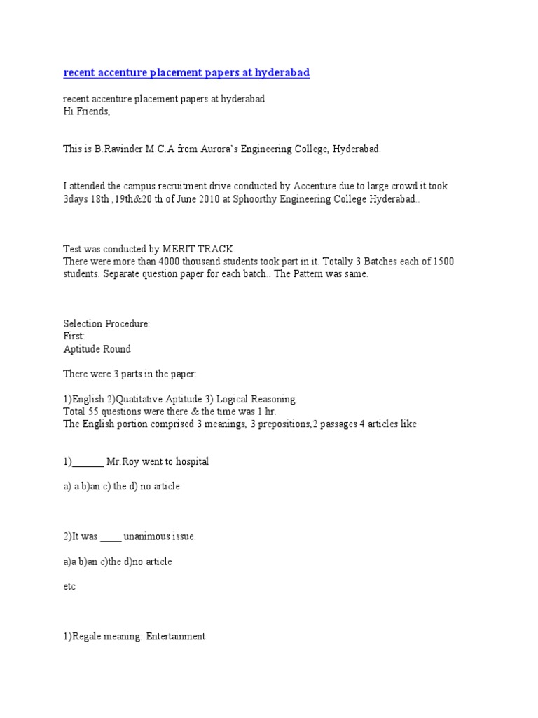 Recent Accenture Placement Papers at Hyderabad | PDF | Recycling ...