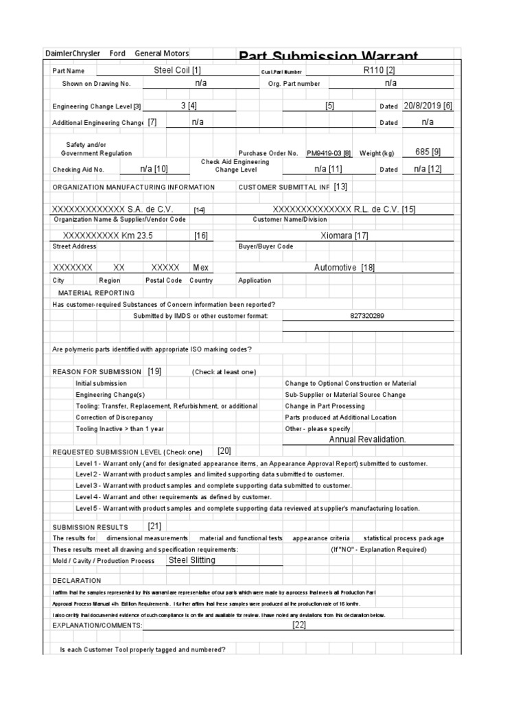Part Submission Warrant: Organization Manufacturing Information ...