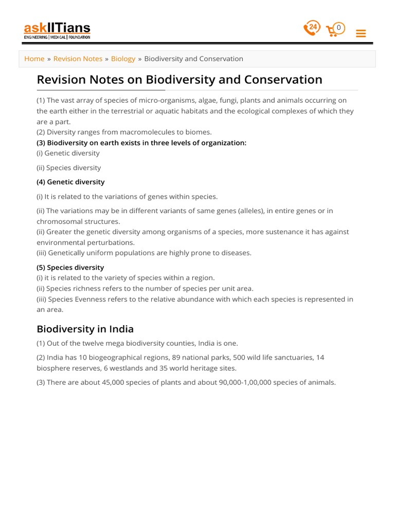 Revision Notes On Biodiversity and Conservation | PDF | Biodiversity ...