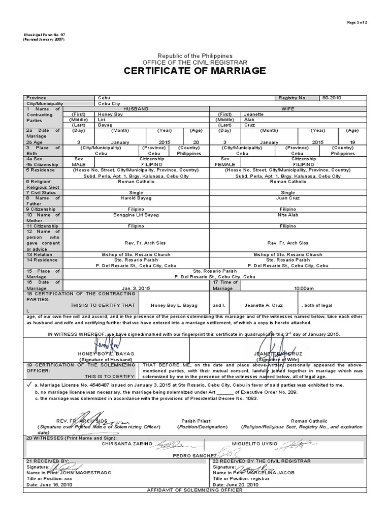 Marriage Certificate of Bayag Spouses | PDF | Affidavit | Marriage