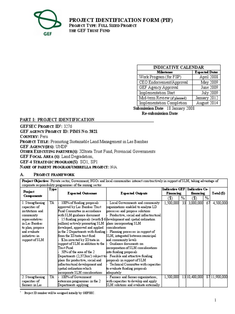 Project Identification Form (Pif) :: SO1, SP1 | PDF | Global Environment Facility | Sustainability