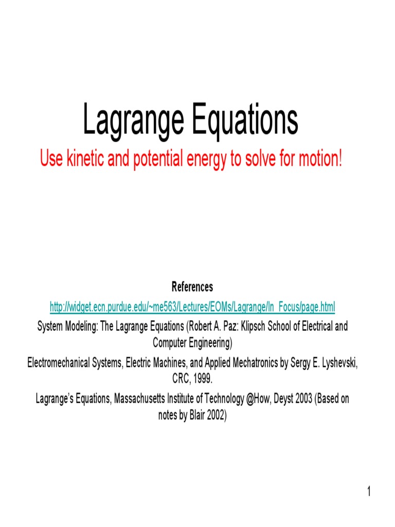 Lagrange Equations: Use Kinetic and Potential Energy To Solve For ...