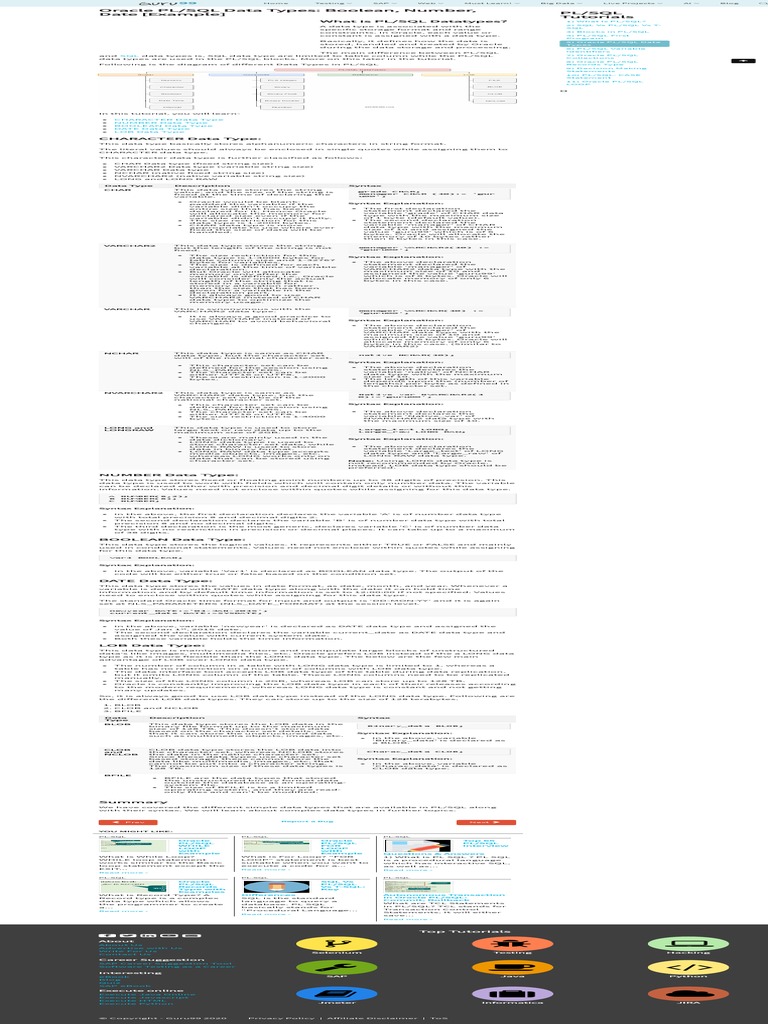 Oracle Plsql Data Types Boolean Number Date Example Plsql Tutorials Pdf Plsql Data 8167