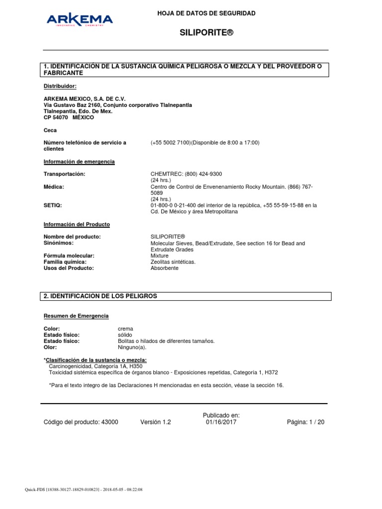 Arkema Mole Sieve - MSDS - Spanish - Aug 2018 | PDF | Carcinógeno | Cáncer