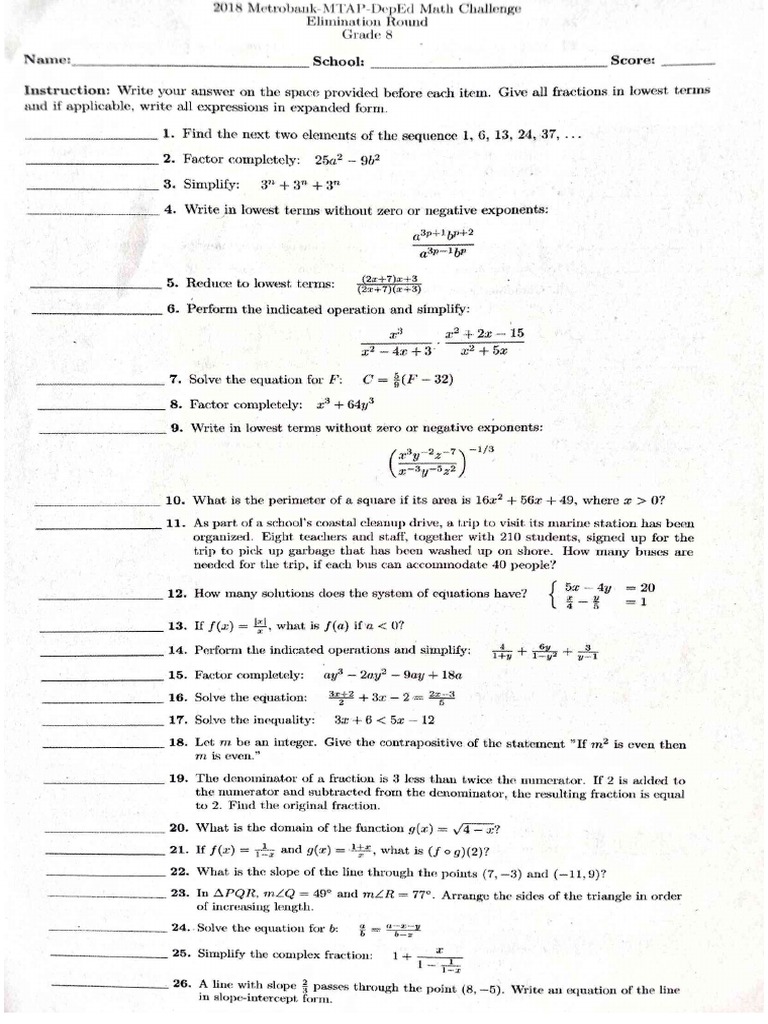 2018 Mtap Elimination Round Grade 8 Questions With Answer Key PDF | PDF