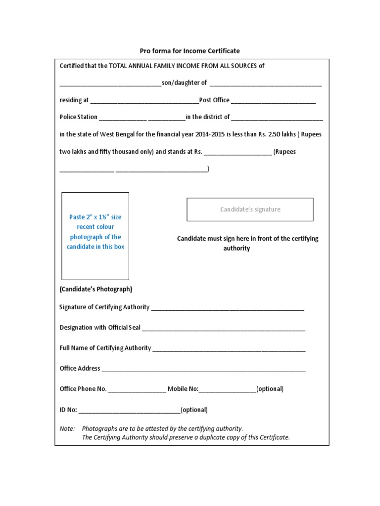 Pro Forma For Income Certificate: Paste 2" X 1 " Size Recent Colour ...