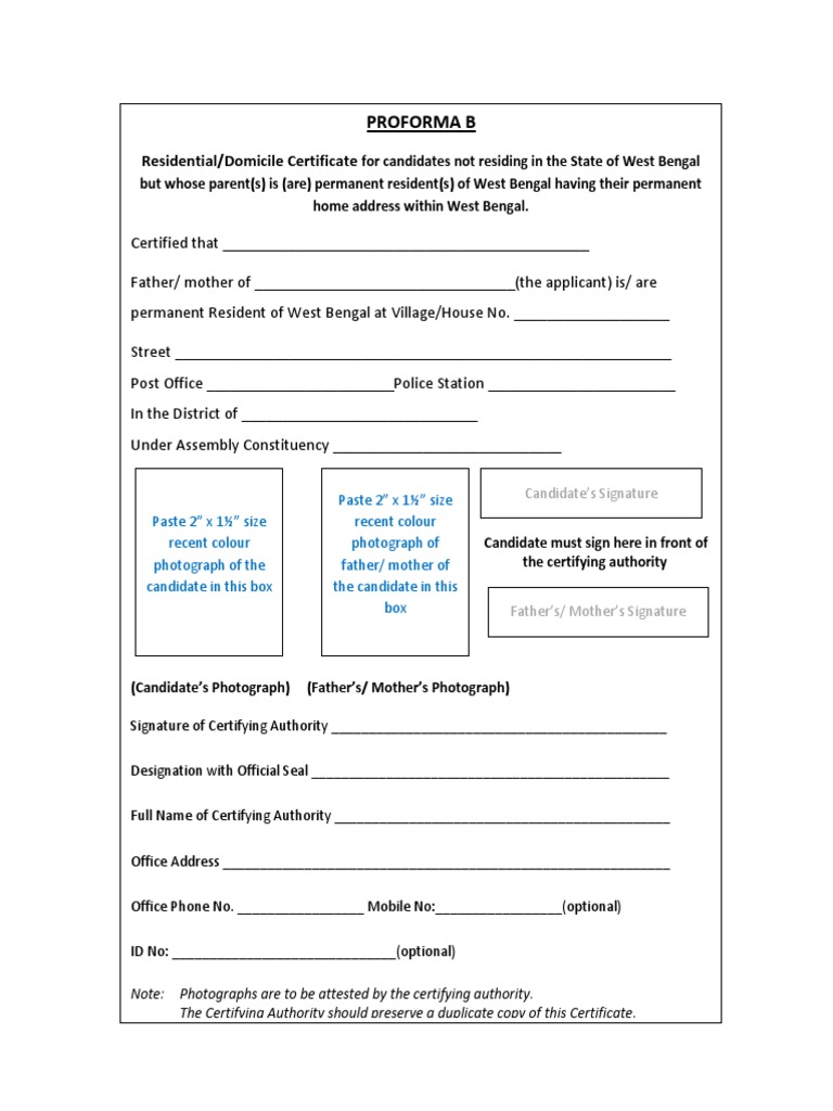 Proforma B: Residential/Domicile Certificate | PDF