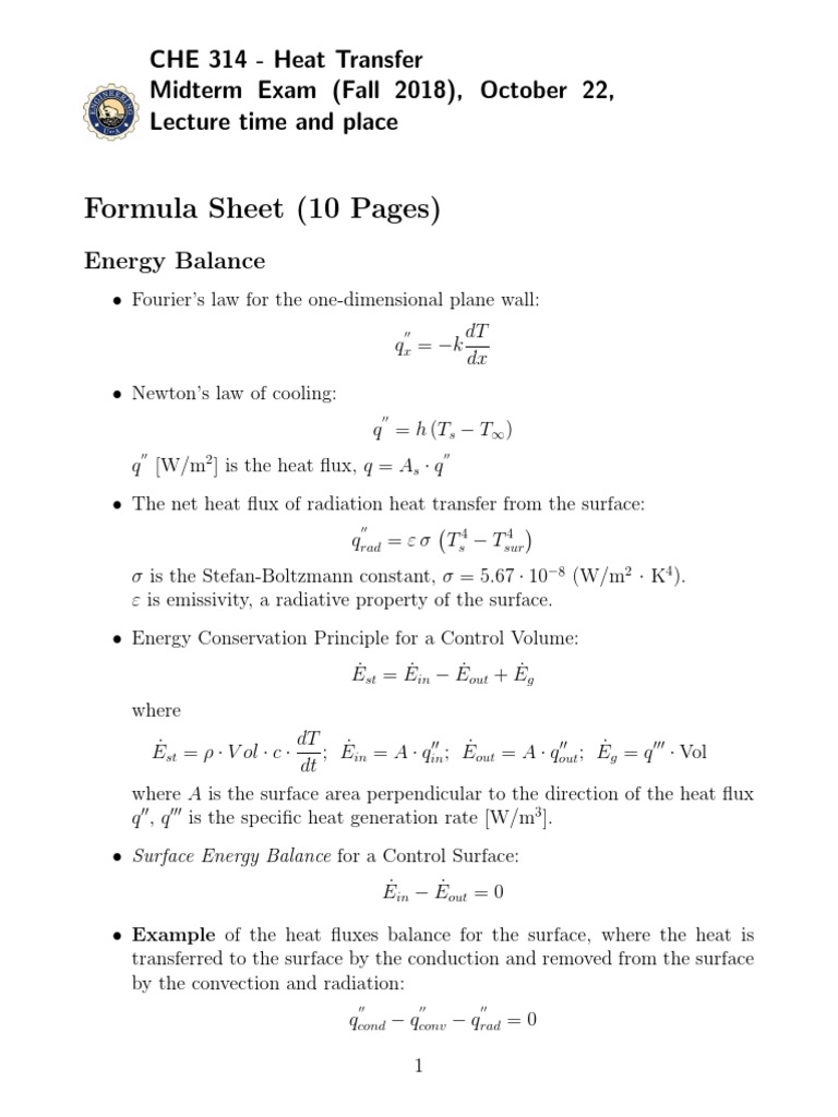 Formula Sheet (10 Pages) : CHE 314 - Heat Transfer Midterm Exam (Fall 2018), October 22, Lecture ...