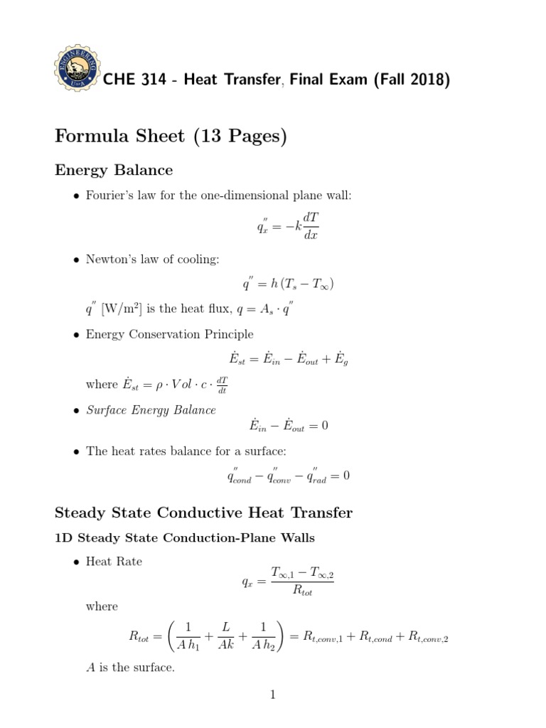 Formula Sheet (13 Pages) : CHE 314 - Heat Transfer, Final Exam (Fall ...