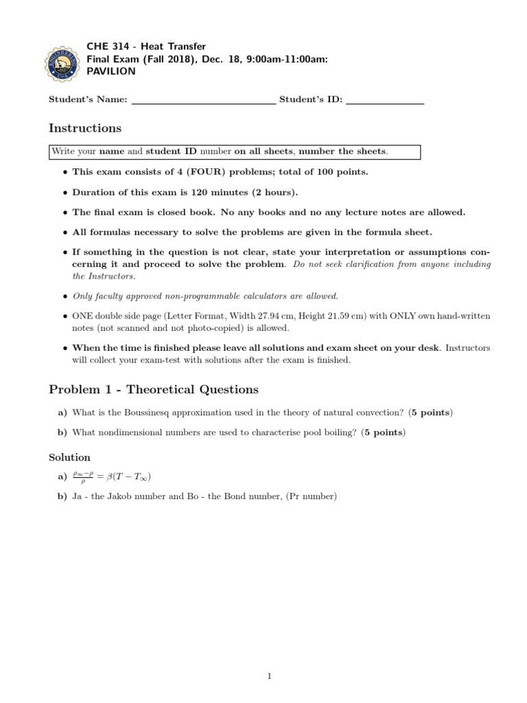 Instructions: CHE 314 - Heat Transfer Final Exam (Fall 2018), Dec. 18 ...