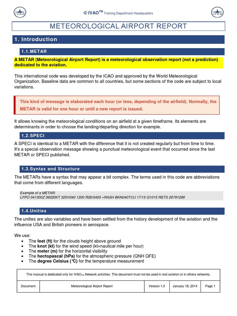 Meteorological Airport Report: 1.1. METAR | PDF | Atmospheric Pressure ...