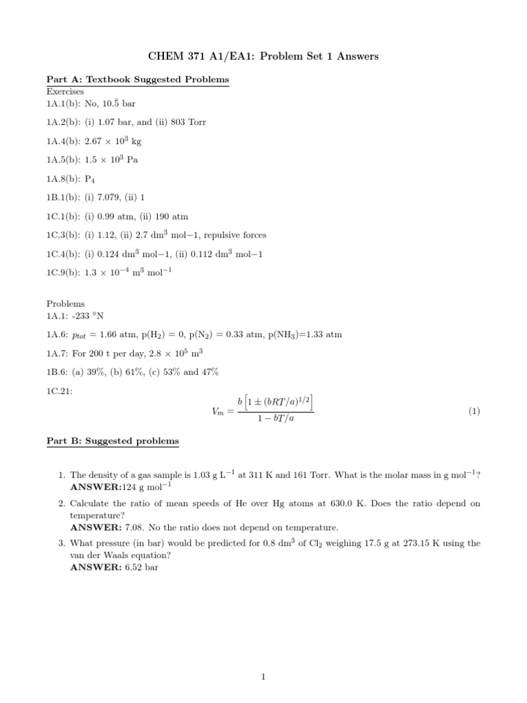 CHEM 371 A1/EA1: Problem Set 1 Answers | PDF