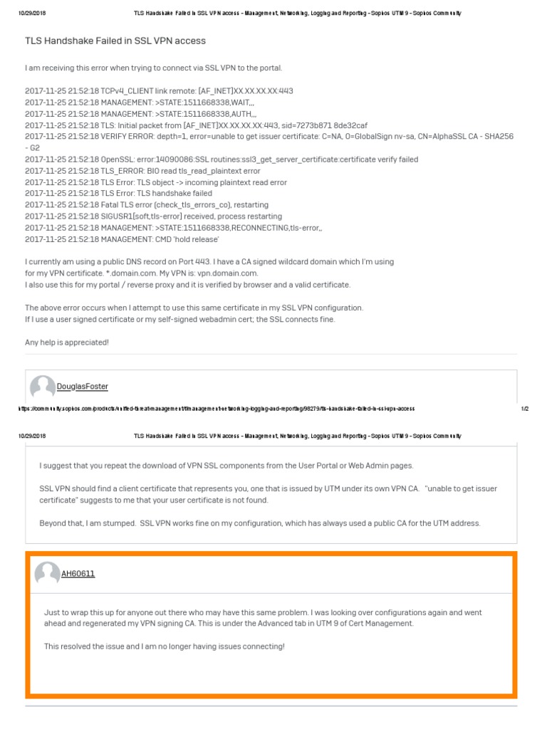 TLS Handshake Failed in SSL VPN Access - Management, Networking, Logging and Reporting - Sophos ...