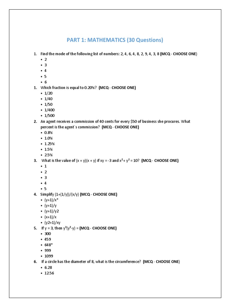 PART 1: MATHEMATICS (30 Questions) | PDF | Elementary Mathematics ...