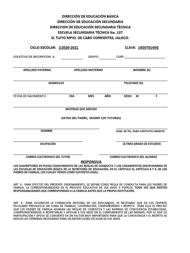 Ficha de Inscripcion Ciclo Escolar 2020-2021 | PDF | Educación ...