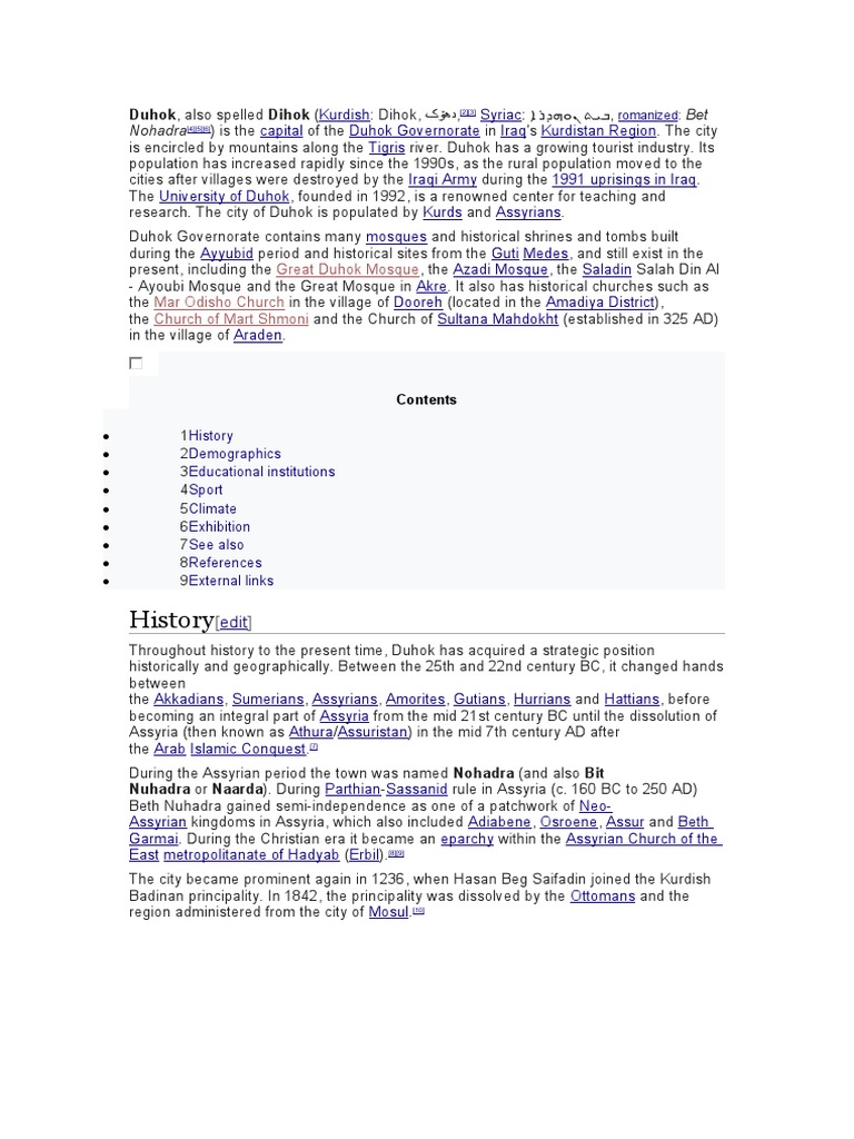 History: Duhok, Also Spelled Dihok ( | PDF | Iraq | Middle East