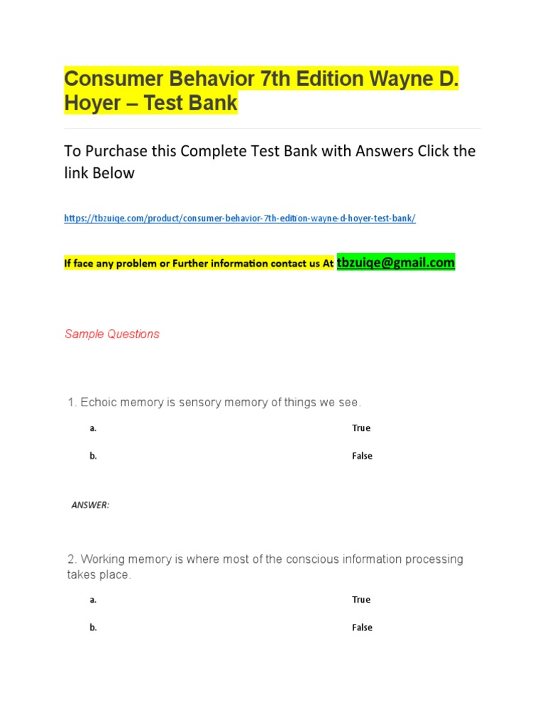 Consumer Behavior 7th Edition Wayne D. Hoyer - Test Bank | PDF | Recall ...