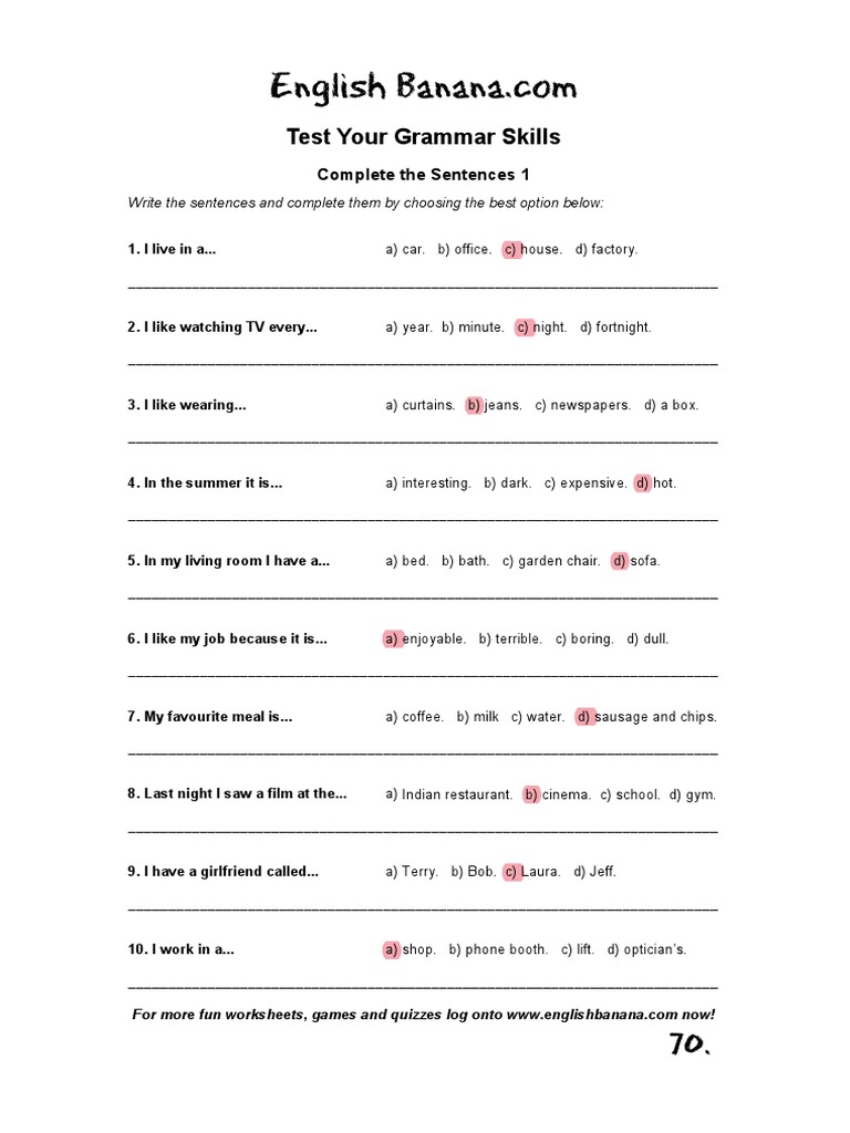 Grammar Skills Worksheet: Complete Sentences | PDF