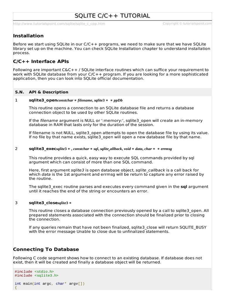 Sqlite C - C++ Tutorial PDF | PDF | Application Programming Interface | C (Programming Language)